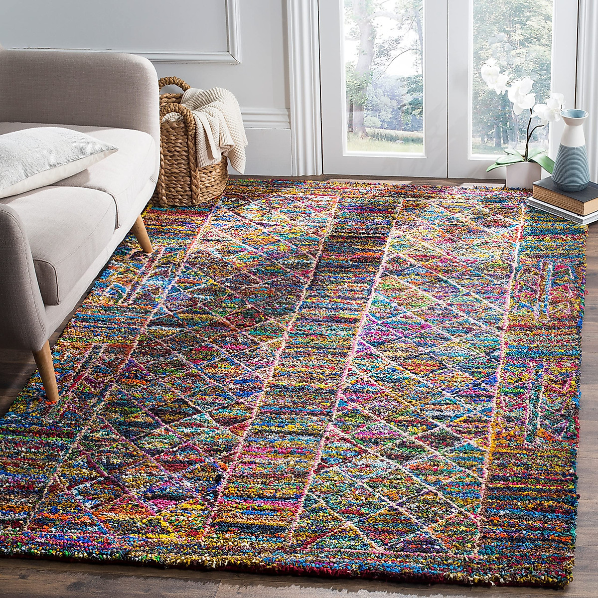 SAFAVIEH Nantucket Collection Area Rug - 8' x 10', Multi, Handmade Boho Cotton, Ideal for High Traffic Areas in Living Room, Bedroom (NAN402A)