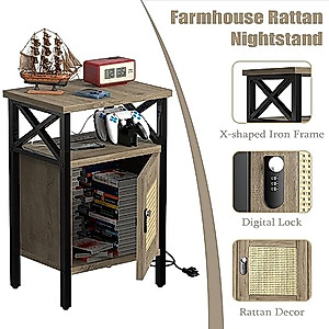 runjuly Rattan Nightstand with Lock, End Table with Charging Station, Side Table with Rattan Door and Open Shelf, Wooden Farmhouse Bedside Table for Bedroom, Living Room, Dorm