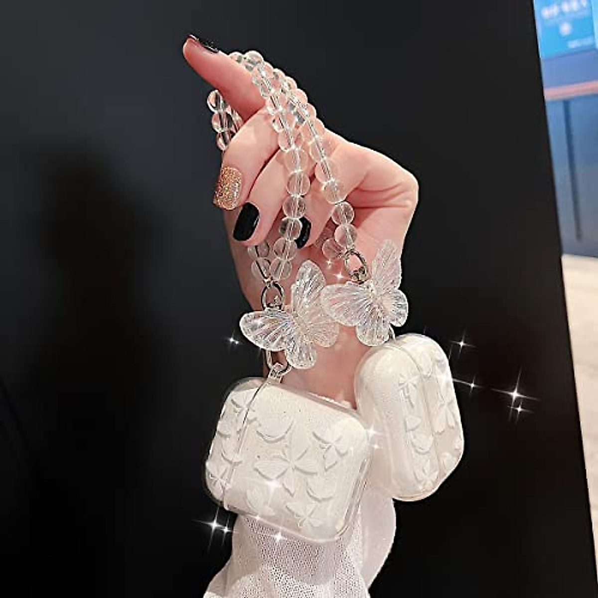 Ownest Compatible for AirPods Case, Cute Butterfly Pattern Clear Soft TPU Shockproof Cover Case Glitter with Keychain for Women Girls for AirPods 2&1-White