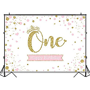 Avezano 1st Birthday Backdrop for Girl Pink and Gold Princess Birthday Party Photoshoot Crown Glitter Confetti Baby First One Happy Birthday Party Decorations Background (7x5ft, Pink and Gold)