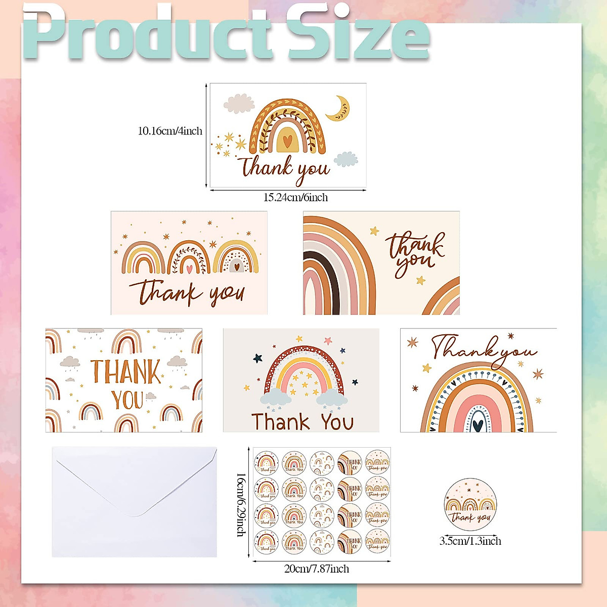 Pajean 24 Pcs Boho Thank You Cards with Envelopes and Stickers Rainbow Greeting Cards Boho Theme Note Cards Appreciation Card Thank You Cards for Baby Shower Wedding Boho Party Favors