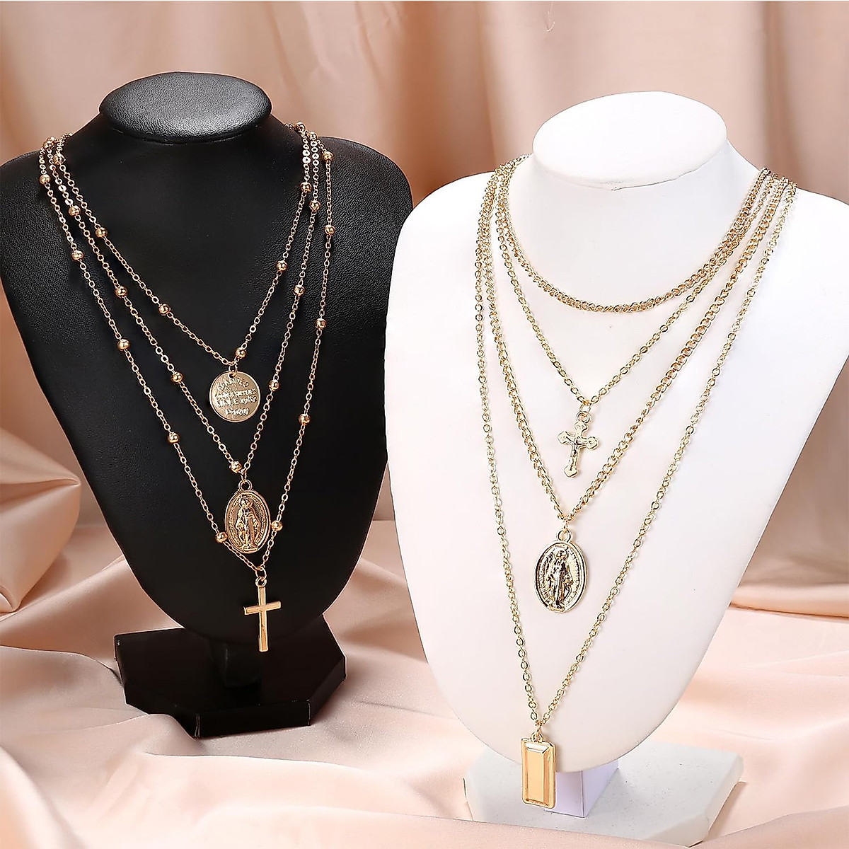 ORAZIO 2PCS Layered Necklace for Women Cross Blessed Virgin Mary Pendant Necklace Chain Gold Tone