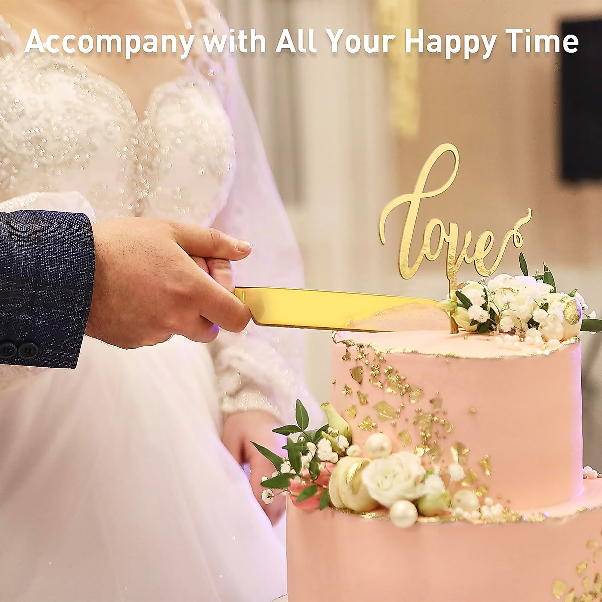 GIEBYIE 2Pcs Wedding Cake Knife and Server Set, Premium Cake Cutter includes 10.63" Cake Knife and 9.25" Pie Server, Stainless Steel Cake cutting set for Wedding, Birthday, Anniversary, Gold