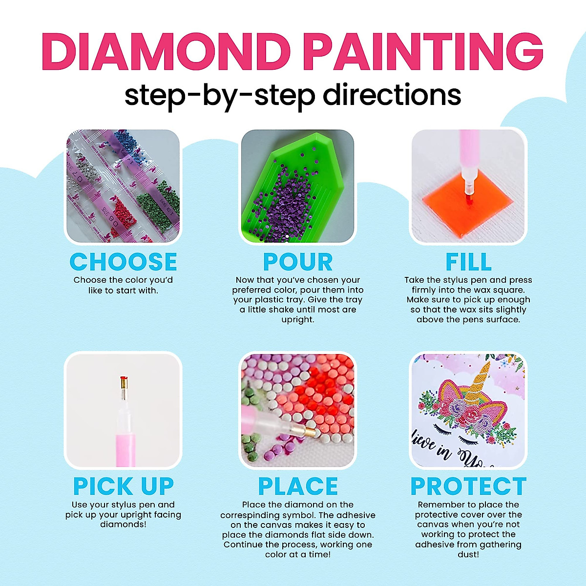 Diamond Art for Kids, Unicorn Diamond Painting Set, Gem Painting with Number Guide for Relaxation and Motor Skills, Believe in Yourself Unicorn Kit 12 x 12 Inches - Cogni Play