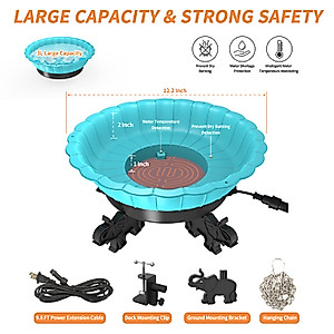 Fnydvis Heated Bird Bath, 85W Thermostatically Controlled Birdbath Heater 3 Ways Easy Mount, All Seasons Available Detachable Bird Waterer Feeder for Outdoor Garden Yard Patio (Blue)