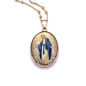 LESLIE BOULES Virgen La Milagrosa Pendant Necklace 18K Gold Plated Chain 18 Inches Length