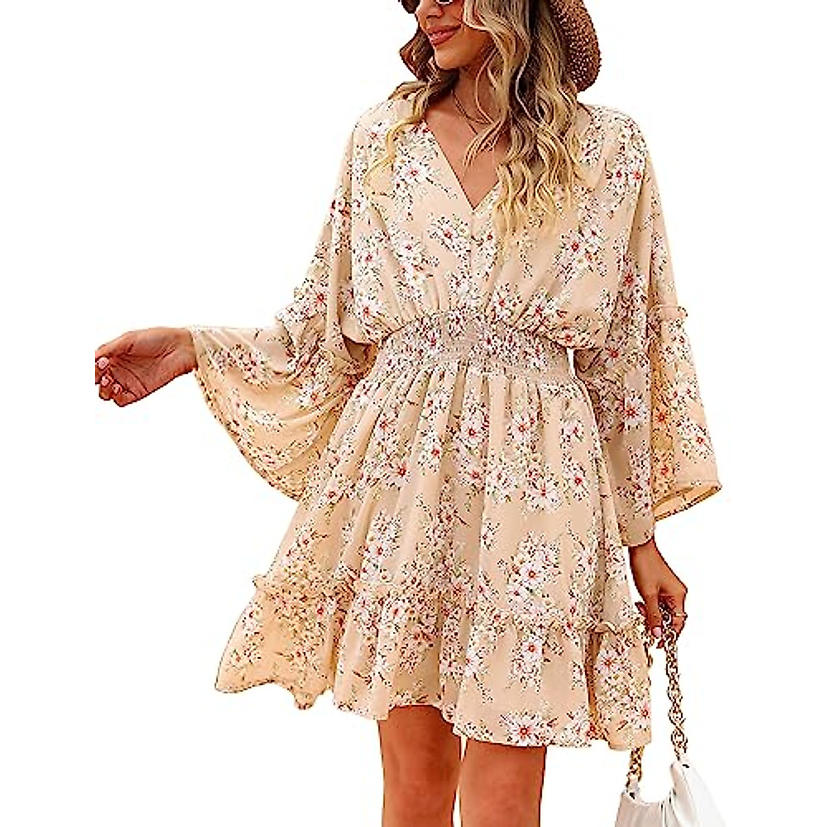 Jollycode Summer Spring Dresses for Women 2023 Casual Boho Floral A-Line Mini Dress Flowy Chiffon Short Dress
