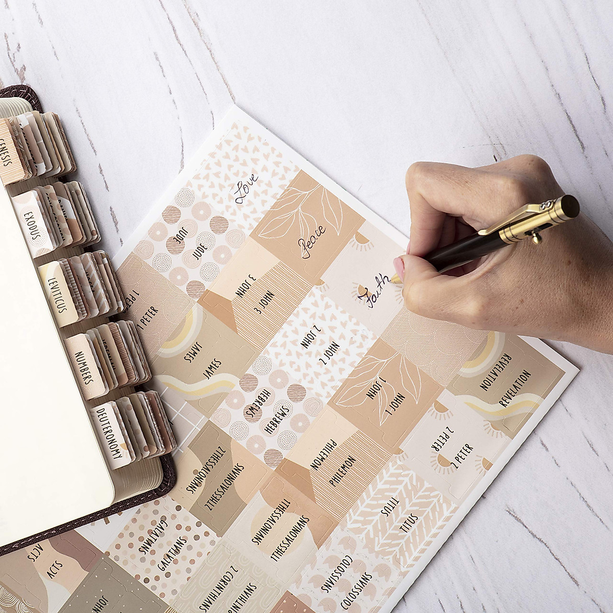 DiverseBee Laminated Bible Tabs (Large Print, Easy to Read), Bible Journaling Supplies, Bible Book Tabs, Christian Gift, 66 Bible Tabs Old and New Testament, Includes 11 Blank Tabs - Cappuccino Theme