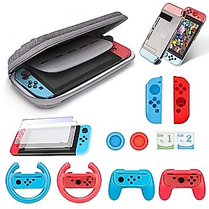 Accessories Kit Bundle for Nintendo Switch, 1x carry case,2x Grips kit,2x Steering Wheel,1x crystal case for switch,2x Case for Joy-Con,2x Thumbstick Caps,1x Glass screen protector