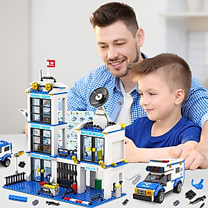 736 Pieces City Police Station & Car Building Blocks Set, with 3 Police Cars Toy, Cop Patrol Car, Escort Vehicle, Prison Car, City Police Sets Toy Building Bricks Kit, Gift for Boys Girls 6-12