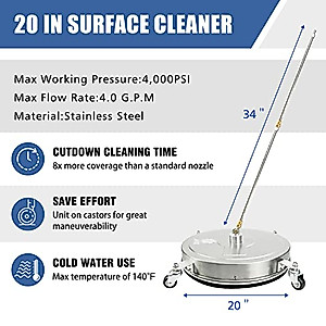 JANZ 20'' Pressure Washer Surface Cleaner with 4 wheels, Stainless Steel Housing, 1/4" Quick Plug, 2 Extension Wands, 2 Replacement Nozzles and 3 Spray Nozzles, 4000 PSI