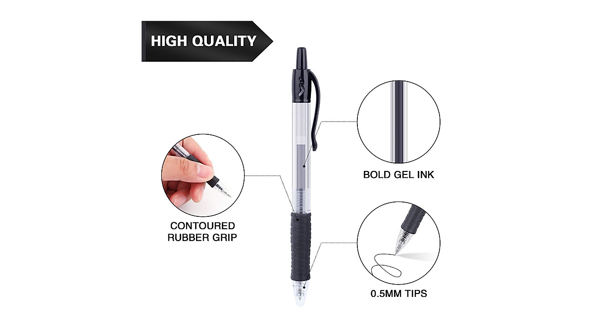 Tanmit Retractable Gel Pens 0.5mm - Smooth, Quick-Dry Black Ink (18-Pack)