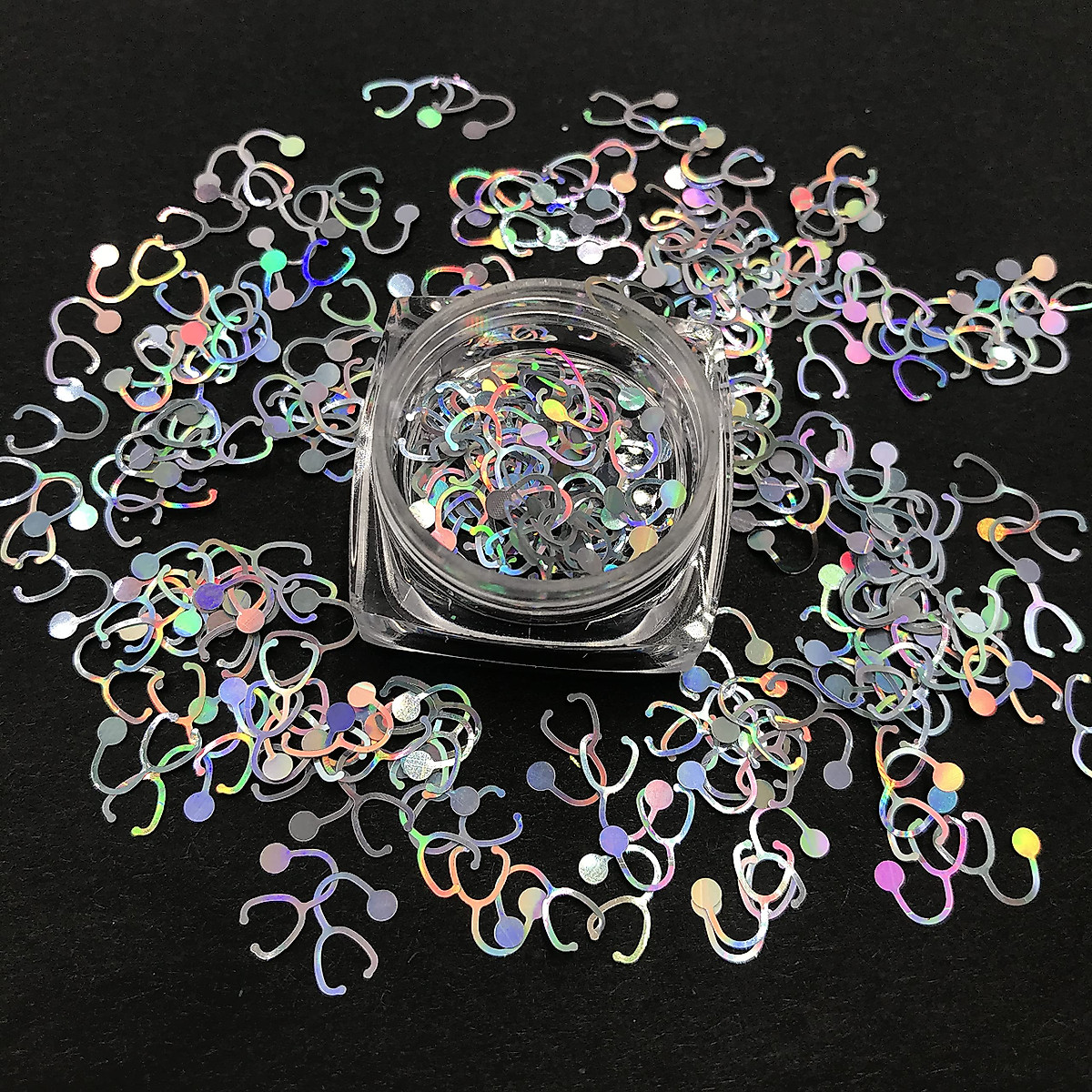 PrettyG 10 Grams/Pack -Sliver Doctor Stethoscope Shape Holographic Glitter Sequins - Festival Rave Beauty Makeup Face Body Nail Art Decoration LB100