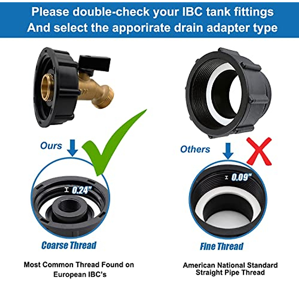 275-330 Gallon Tote Water Tank Adapter 2" Coarse Thread (Not Fine Thread! Coarse Thread Common On European IBC) Brass Hose Faucet Valve Garden Hose Connector Replacement IBC Tote Valve Fitting Parts