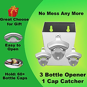 Jumiok Stainless Steel Bottle Cap Opener Wall Mounted Beer Bottle Opener with Cap Catcher Narrow Bundle (3 Openers and 1 Bin)