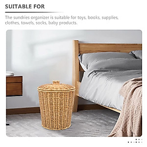 Cabilock 28 * 33.5 Woven Trash Can: Rattan Wastebasket with Lid Bedroom Trash Can Office Garbage Cans Wicker Basket Clothes Hamper Decorative Countertop Basket Straw
