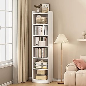 GizmoSynth 71 Inch Tall Narrow Bookcase, Floor Standing Storage Cabinet, Corner Bookshelf with Storage, 7 Tier Cube Display Shelf Storage Organizer for Home Office Small Space, White