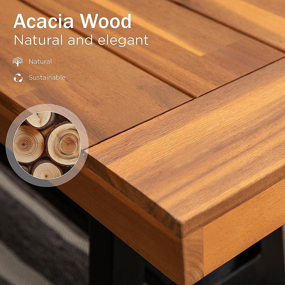 PHI VILLA Outdoor Acacia Wood Bench, 2 Pieces 63" Patio Picnic Bench Farmhouse Dining Bench for 6 People Backless Oil Finished Teak Bench Supports 550lbs, Classic Brown and Black