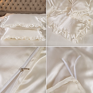 Silky Satin Duvet Cover Set White Bedding Chic Silky Ruffle Fringe Design White Chic Boho Bedding Set Queen 1 Duvet Cover 2 Pillow Shams (Queen, White)…