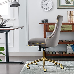 i-POOK Swivel Shell Office Chair, Velvet Upholstered Tufted Button Home Office Chair with Golden Metal Base and 5 Wheel, Adjustable Desk Chair Swivel Task Chair for Living Room Bedroom, Gray