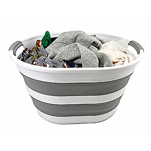 SAMMART 23L (6 Gallons) Set of 2 Collapsible Plastic Laundry Basket - Oval Tub - Foldable Storage Container/Organizer - Portable Washing Tub - Space Saving Laundry Hamper (White/Grey)