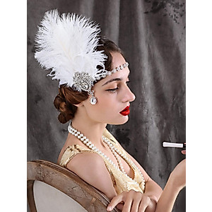 SWEETV 1920s Feather Headpiece Ivory, Womens Ostrich Feather Crystal Headband, Great Gatsby Hair Accessories for Women, Ribbon Tie