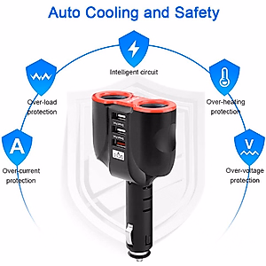 Cigarette Lighter Splitter Car Charger, 120W 2-Socket Cigarette Lighter Splitter + 1 QC3.0 USB Ports + 2 Smart USB Ports for Smart Phones, Tablets, GPS, MP3 Players