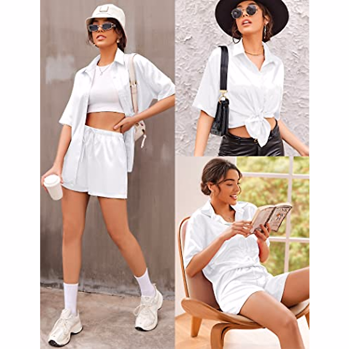 Ekouaer Silk Pajama Set Women's Pjs Satin Shirt and Shorts Two Piece Outfits Button Up Lounge Shorts Set White,Medium