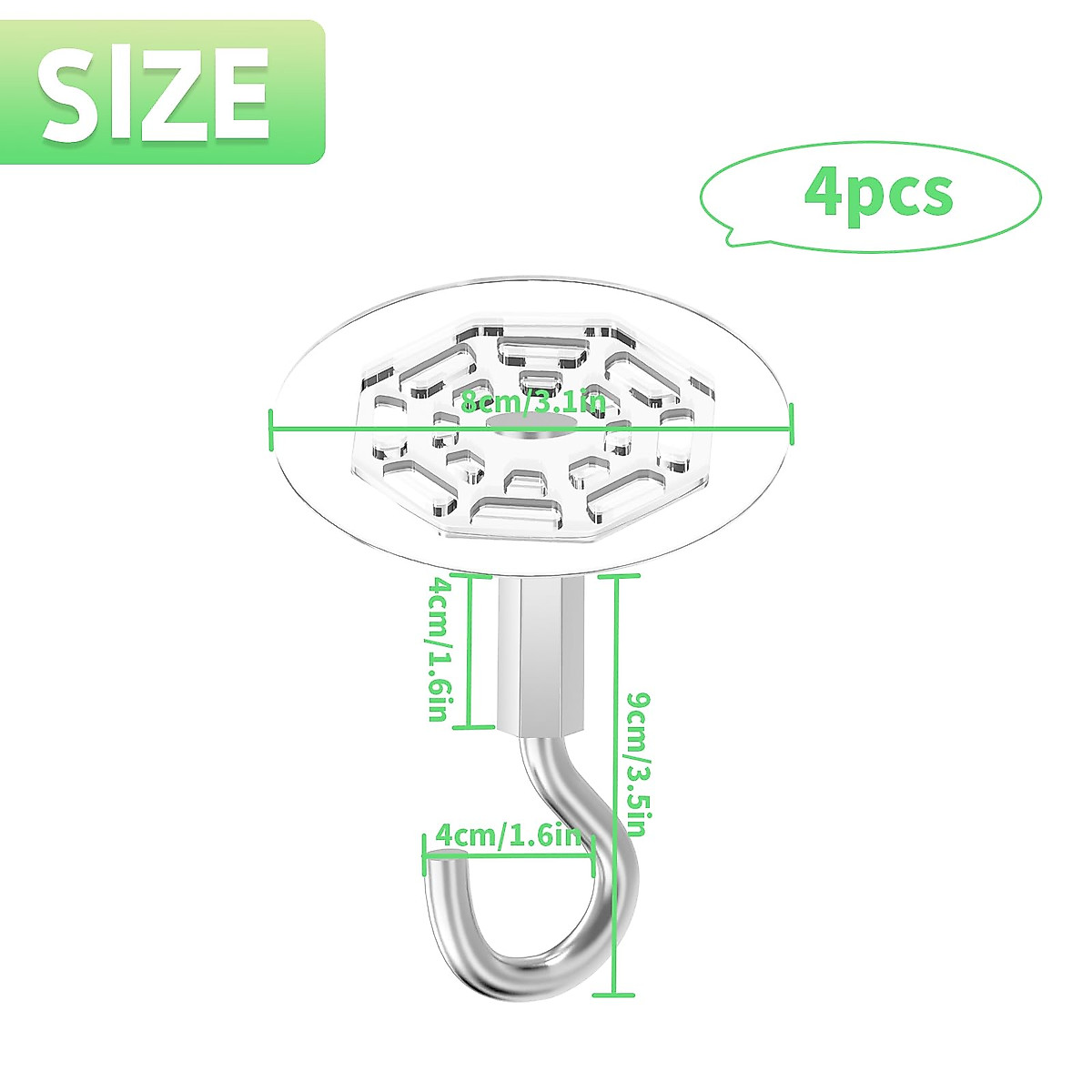 4 PCS Adhesive Ceiling Hooks, 30lbs Super Heavy Duty Command Ceiling Hanging Hooks, Strong No Drill Outdoor Sticky Ceiling Hanger for Hanging Plants Lanterns Wind Chimes Lights