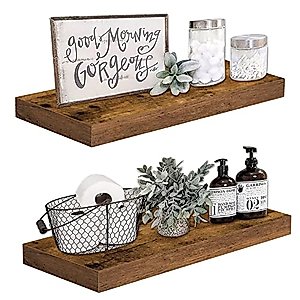 QEEIG Floating Shelves Wall Shelf 24 inches Long Farmhouse Bathroom Decor Bedroom Kitchen Living Room Wall Mounted 24 x 9 inch Set of 2, Rustic Brown (008-60BN)
