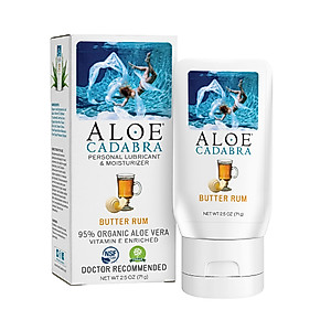 Aloe Cadabra Flavored Personal Lubricant and Vaginal Moisturizer, Organic Edible Aloe Lube for Men, Women, Non-Staining, pH Balanced, (Butter Rum, 2.5 Ounces, 1 Pack)