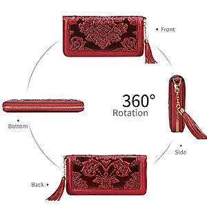 PIJUSHI Leather Wallets For Women Floral Wristlet Wallet Card Holder Purse (91853 Red)