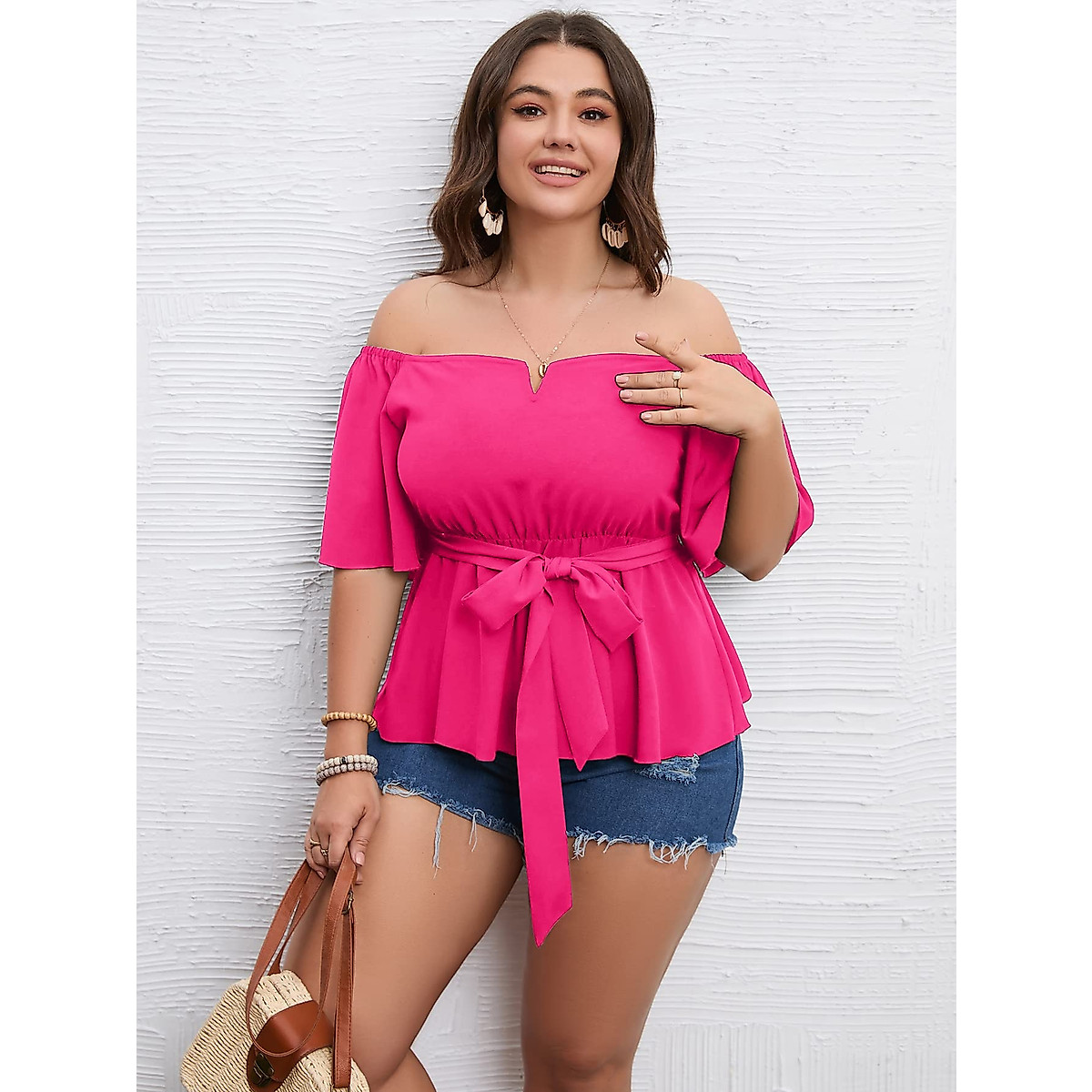 SCOMCHIC Women's Plus Size Off The Shoulder Peplum Blouse Top Half Bell Sleeve Tie Waist Ruffle Hem Babydoll Tops Rose Red