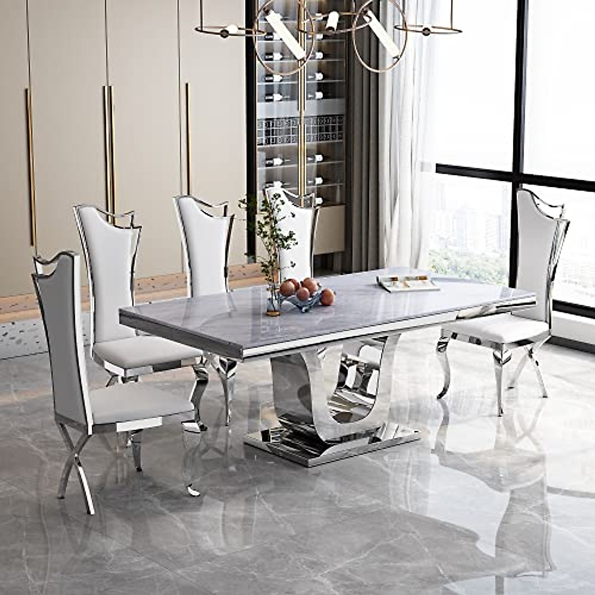 78'' Marble Dining Room Table for 6 or 8, Dining Table with Silver Stainless Steel "U" Shaped Pedestal, Rectangular Kitchen Table with 0.71'' Thick Gray Marble Tabletop, Mirror Finish Base(No Chairs)