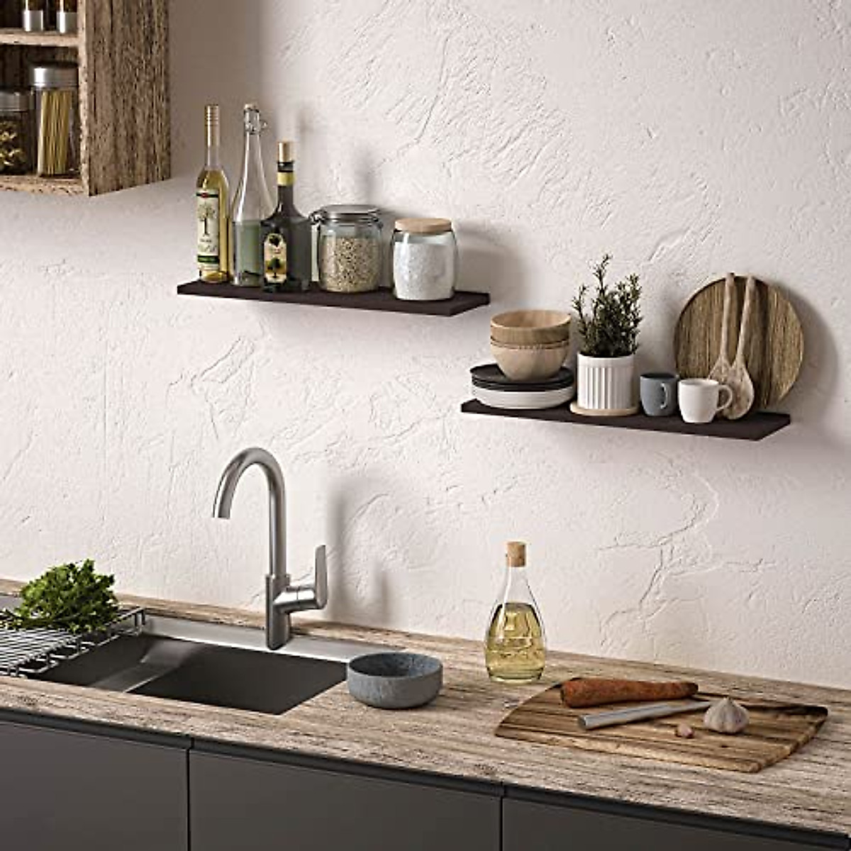 ROSEYAT Floating Shelves Wood Wall Shelf for Bathroom, Bedroom, Wall Mounted Brown Bathroom Shelf Set of 2 for Living Room, Laundry, Kitchen Storage & Decorate - Espresso