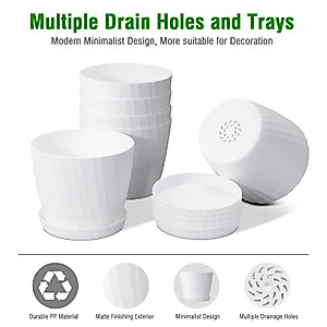 UOUZ 6'' Plant Pots Bulk, 6 Pack Plastic Planters with Drainage Holes and Saucers for Indoor Outdoor House Plants and Flowers, White