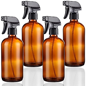 Empty Glass Spray Bottles 16oz for Cleaning, Plants, Pets, Essential Oils, Air Freshener, Durable Black Trigger Sprayer with Stream and Mist Settings (Amber, 16oz(Pack of 4))