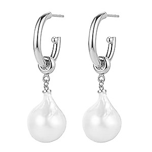 Elegant Pearl Hoop Dangle Earrings 925 Sterling Silver for Women Gold Plated Pearl Dangle Earrings Birthday Jewelry Gift (Silver)