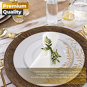 PLASTICPRO 32 Pack Elegant Disposable Plastic Plates Combo Set Includes 16 Dinner Plate and 16 Salad Plate Heavy Duty Fancy Party White & Gold Flower Design