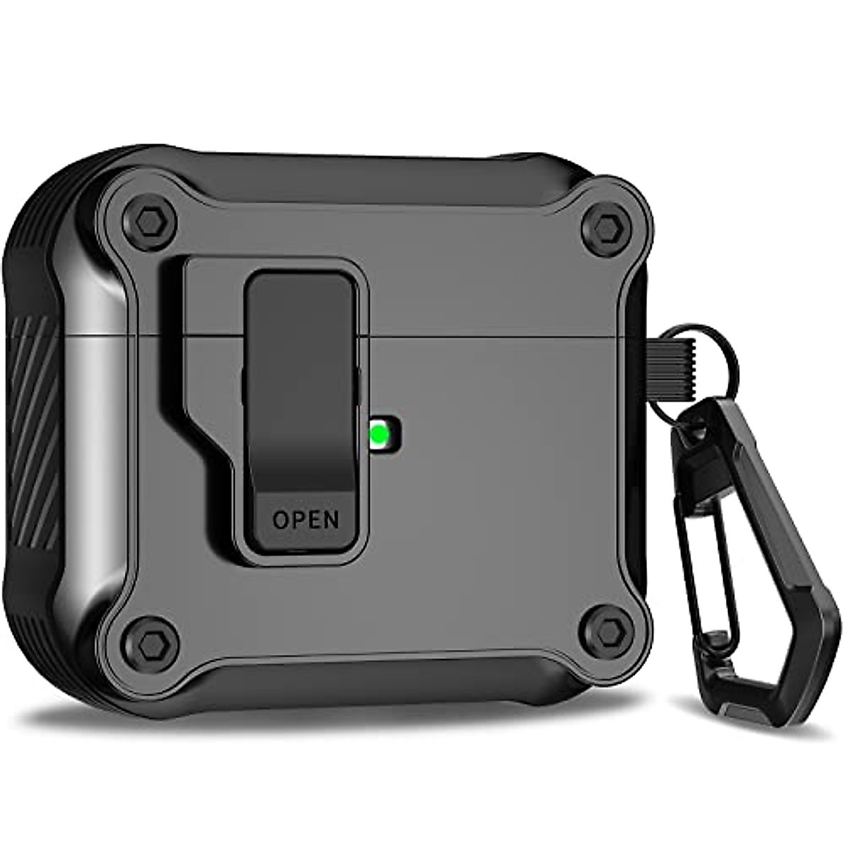RFUNGUANGO Airpods 3rd Generation Case with Secure Lock Clip, Full Body Shockproof Hard Shell Protective, AirPods 3 Case Compatible with Apple AirPod 3rd Gen 2021 [Front LED Visible] - Black