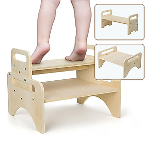 QZMTOY Wooden Toddler Step Stool for Kids, Multifunctional Two Step Stools with Safety Non-Slip Mats for Safety and Handles, Two One Step Stool for Adults Bathroom, Kitchen and Toilet Potty Training