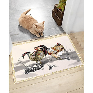 Shag Door Mats Bath Rugs Farmhouse Rooster Ink Art Oriental Art,Soft Fluffy Doormats Non Slip Carpet Farm Animal Retro Border,Shaggy Fuzzy Area Throw Rug for Kitchen/Bathroom/Bedroom 16x24In