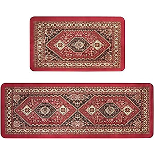 eqivei Kitchen Rugs Sets of 2, Non-Skid Rubber Kitchen Mats for Floor, Boho Kitchen Runner Rugs and Mats Washable, Farmhouse Cushioned Standing Mat for Kitchen, Front of Sink, Laundry（Red）