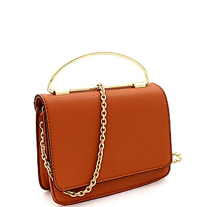 Classy Small Mini Metal Top-Handle Flap Simple Minimalist Satchel Clutch Purse Crossbody Bag (Tan)