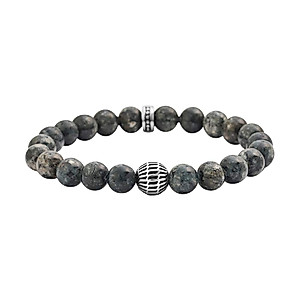 Geoffrey Beene Natural Stone Elastic 9mm Beaded Bracelet with Black Good Fortune Piece (Grey)