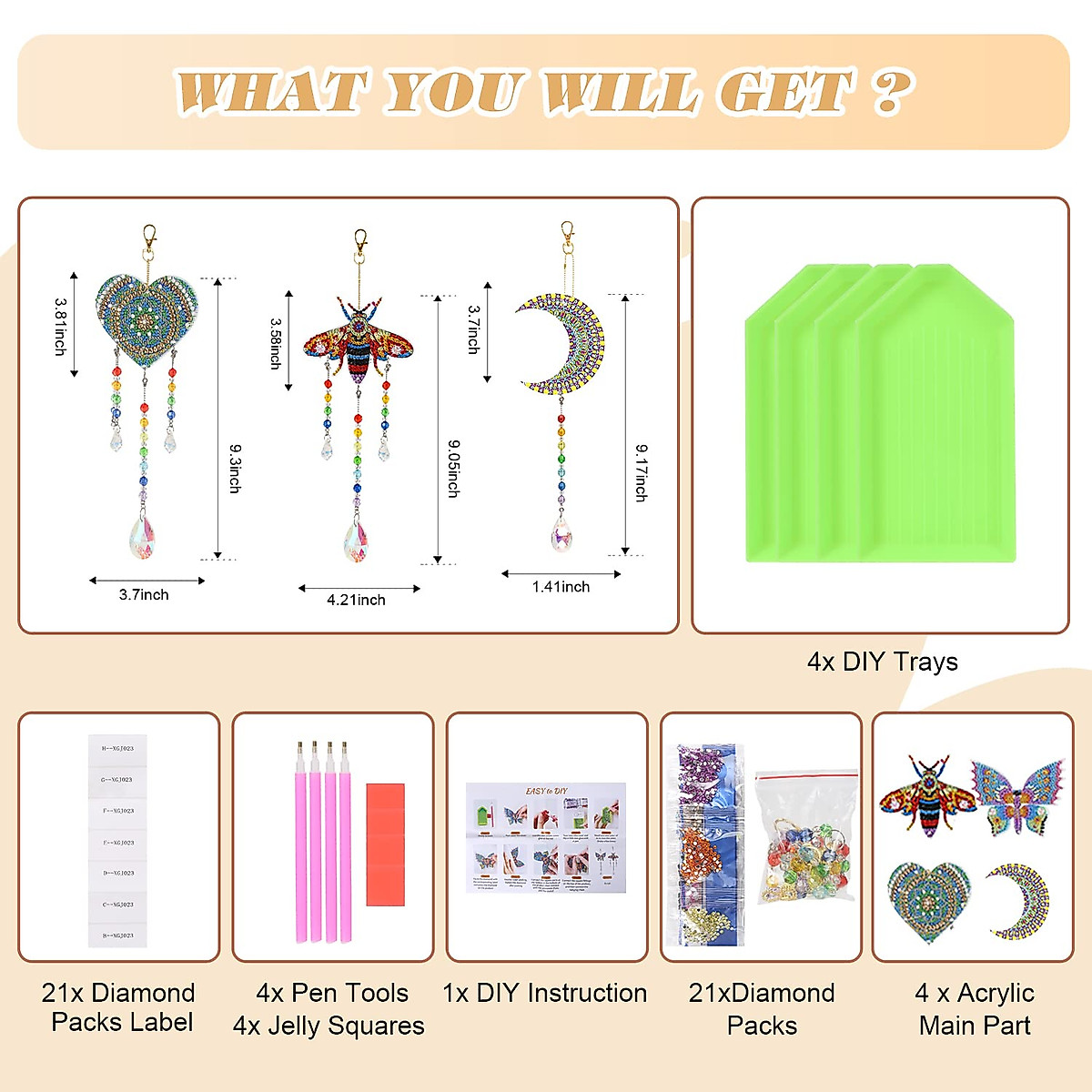 4 PCS 5D Diamond Painting Kits, Wind Chime, Butterfly Bee Love Moon Double Sided Crystal Gem Paint Suncatcher Hanging Ornament