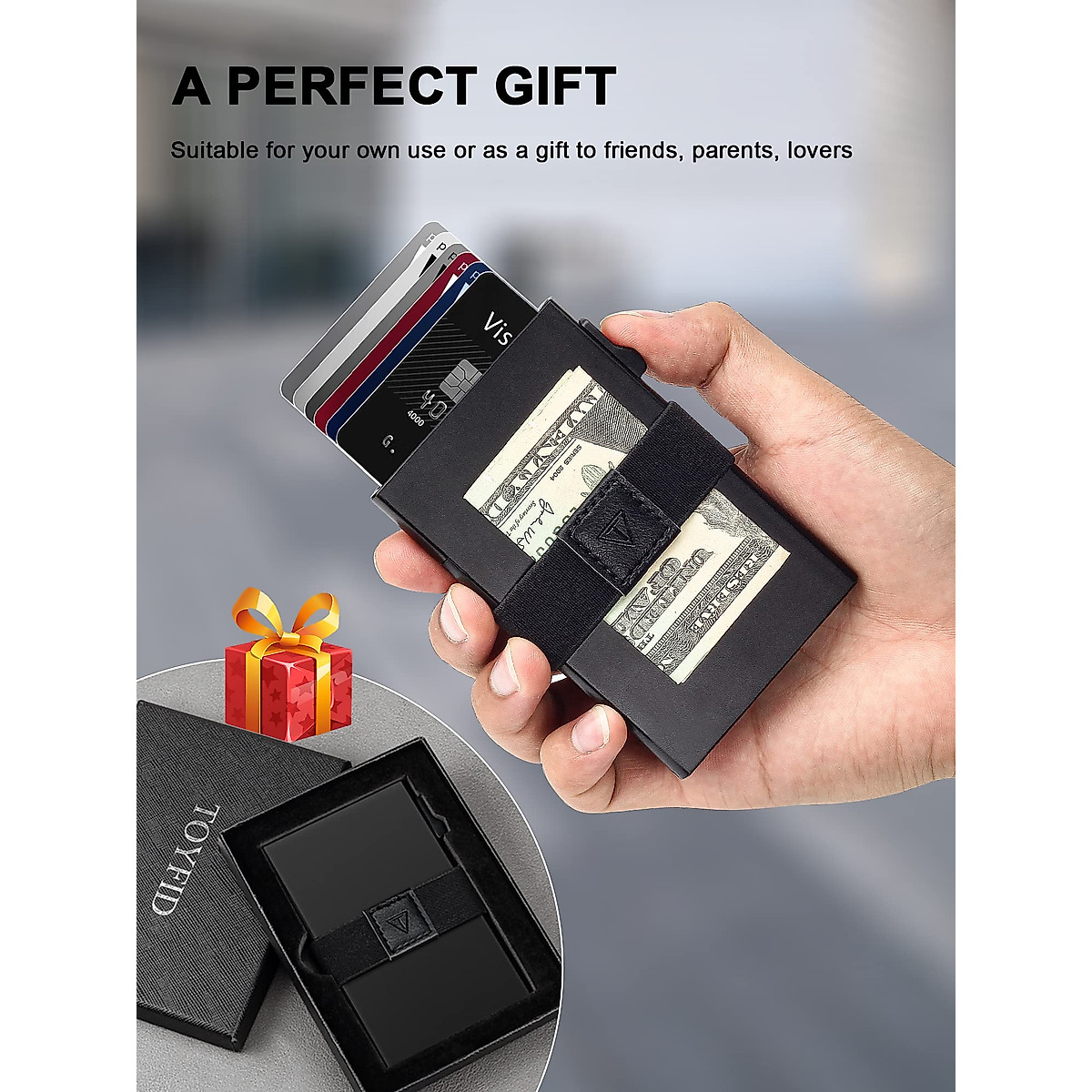 Minimalist Slim Card Holder Wallet for Men - Pop Up Credit Card Holder,Men's Slim Wallet,Metal Wallet for Mens,Credit Card Holder,Ultralight Cards Wallet,RFID Blocking Protection,Band for Cash, Black