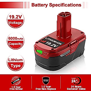VANTTECH 2Pack Upgraded C3 19.2V 6.0Ah Lithium Battery Replace for Craftsman 19.2 Volt Battery DieHard C3 XCP 3130211004 130279005 11375 11045 1323903 315.115410 315.11485 315.PP2011 Cordless Battery