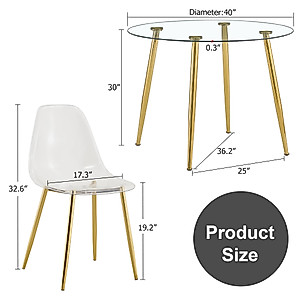 Gold Round Glass Dining Table Set for 4, Modern Kitchen Table and Chairs Set of 4, A Circle Small Round Dining Room Table and Clear Acrylic Chairs juego de comedor de 4 sillas y mesa