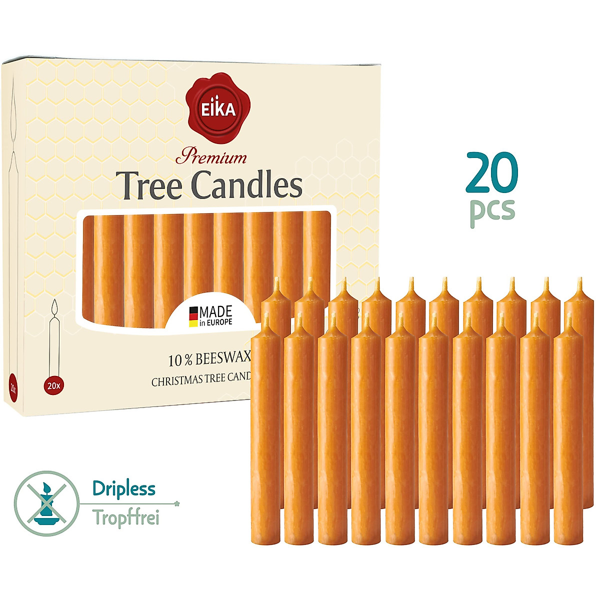 Eika Premium 10% Beeswax Tree Candles - Pack of 20 Honey Colored Natural Christmas Wax Candles for Pyramids, Carousels & Chimes - Made in Europe